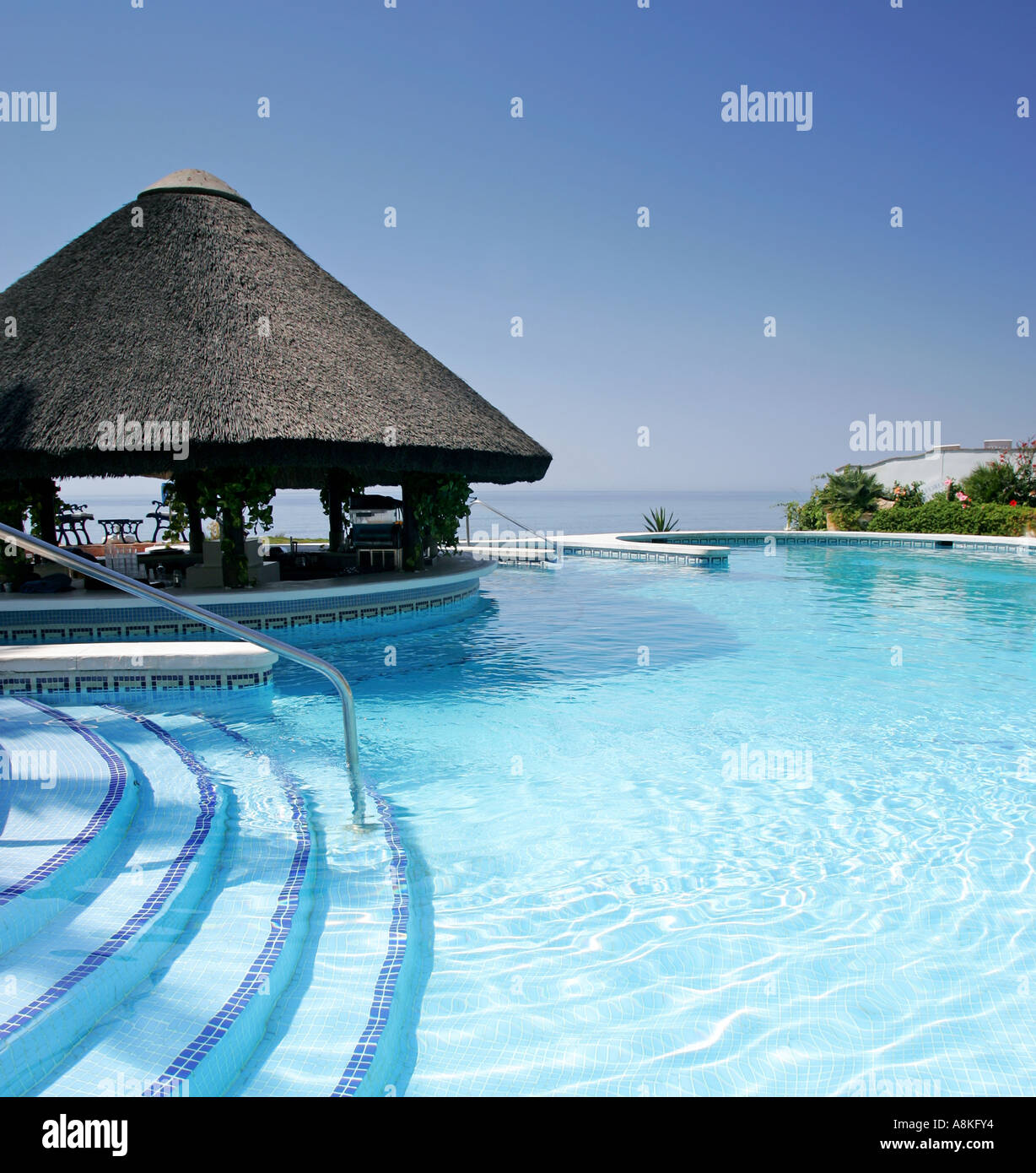 Tiki hut and bar by steps of swimming pool of luxury hotel on a bright ...