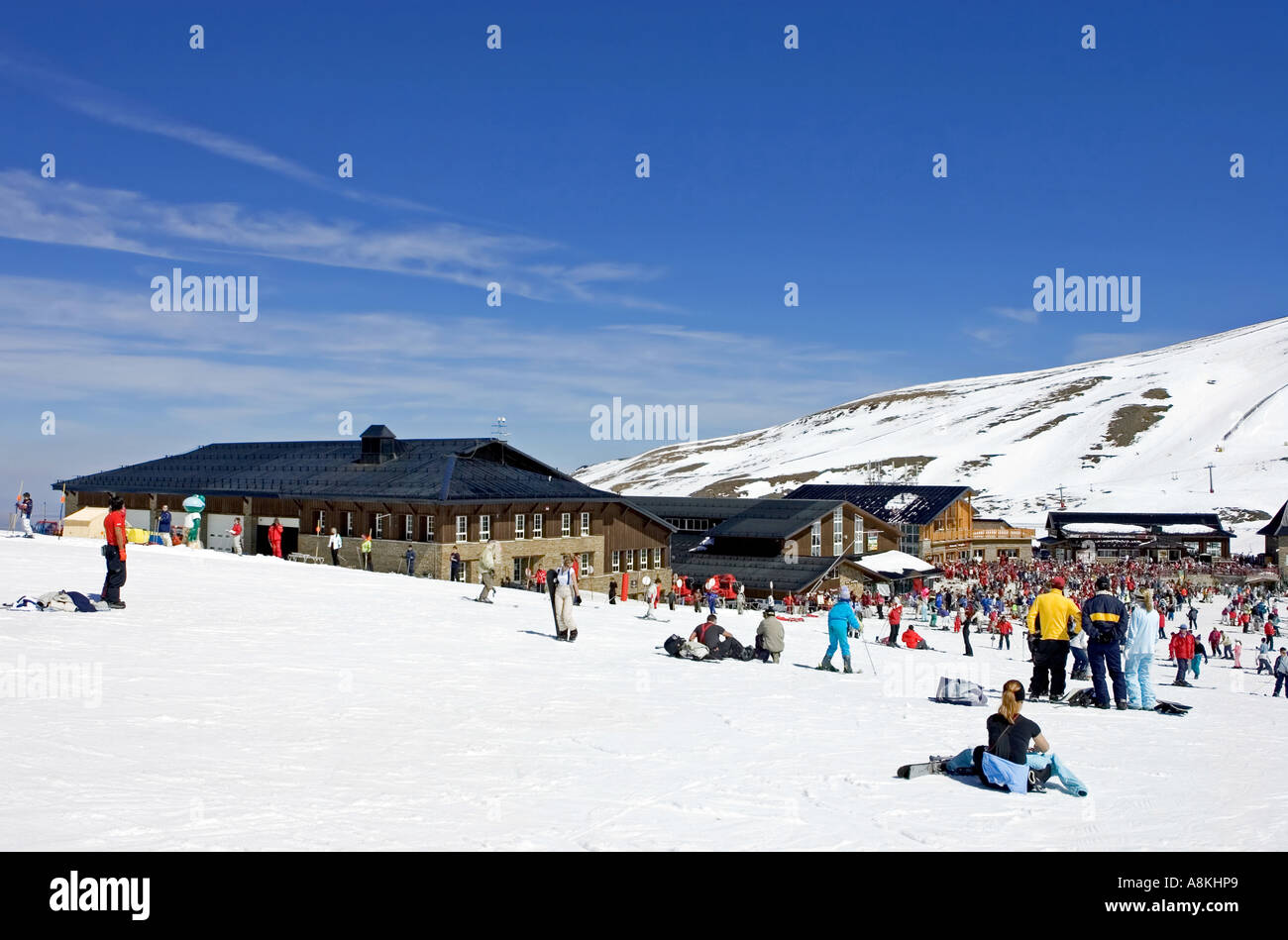 Snowy ski slopes of Pradollano ski resort in the Sierra Nevada ...