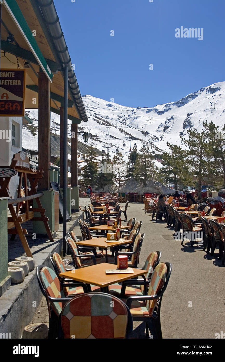 Main town and restaurant or bar in Pradollano ski resort in the Sierra ...