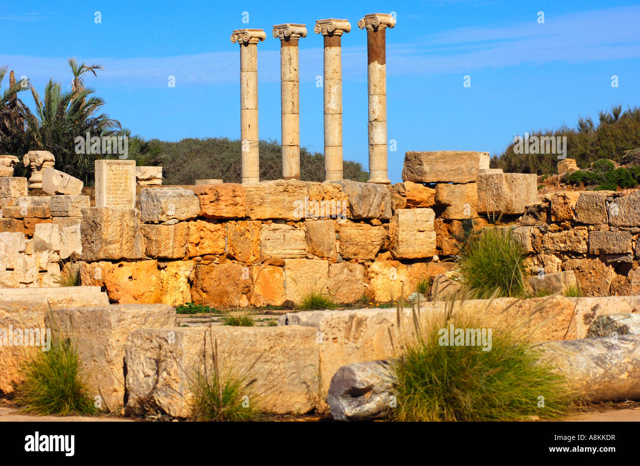 Four ancient columns with ionic capital, Ruins of the Roman City Leptis Magna, Libya Stock Photo ...