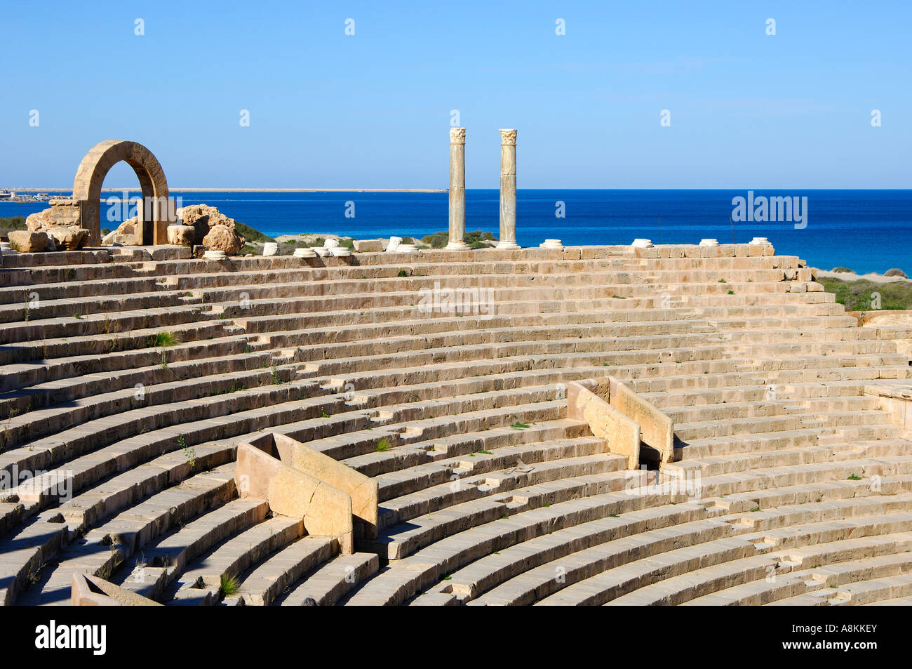 Curved rows of seats, theatre, Roman ruins, Leptis Magna, Libya Stock Photo - Alamy