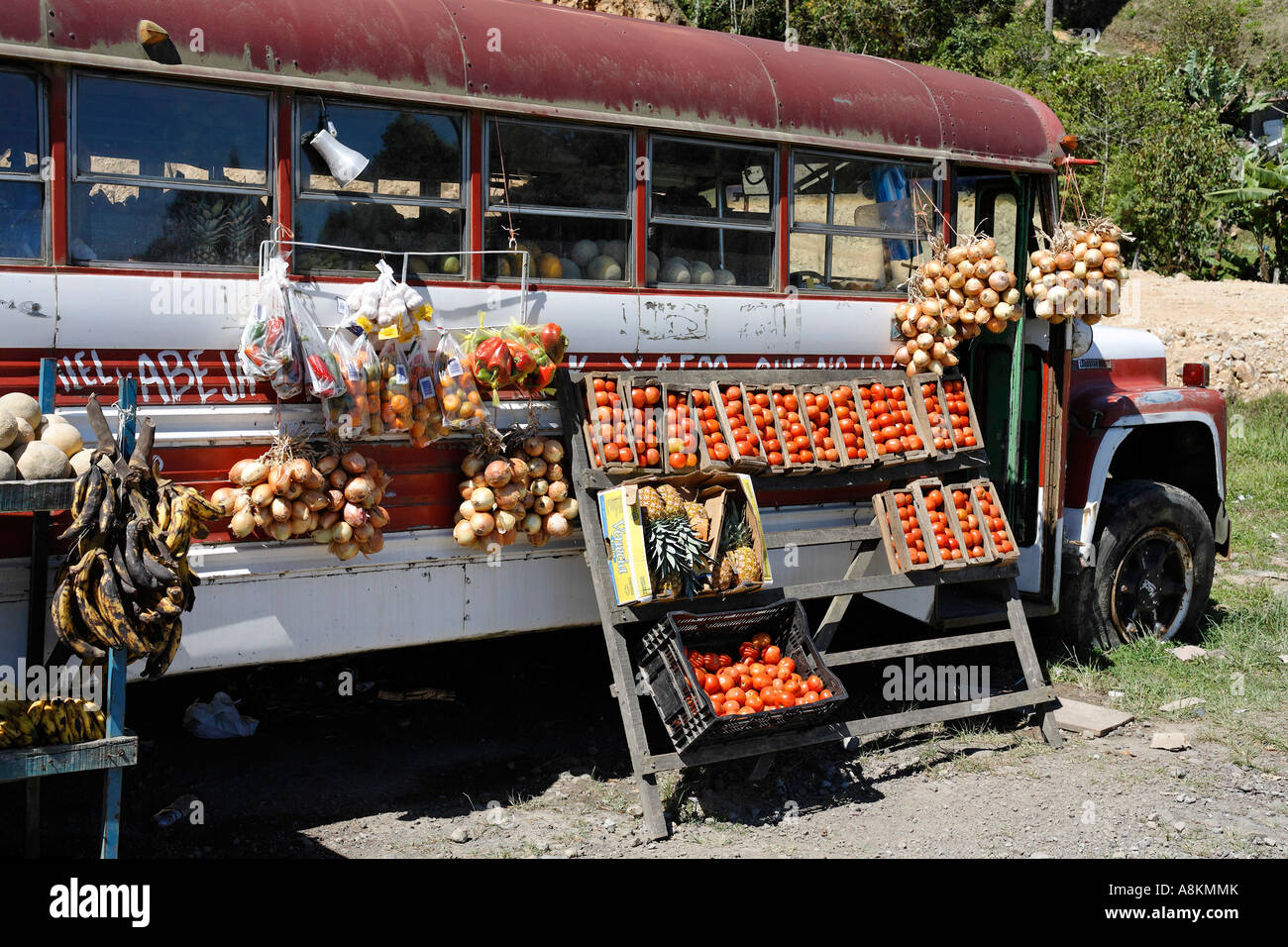 Sale of fruits and vegetables in old bus, Costa Rica Stock Photo - Alamy