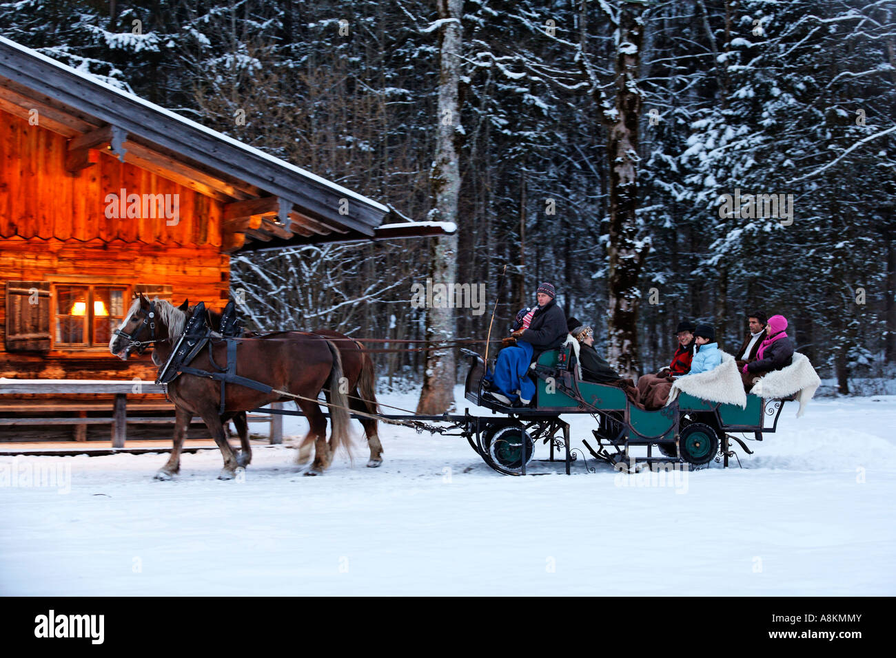 Horse drawn sleigh in Rottach-Egern, Upper Bavaria, Germany Stock Photo ...