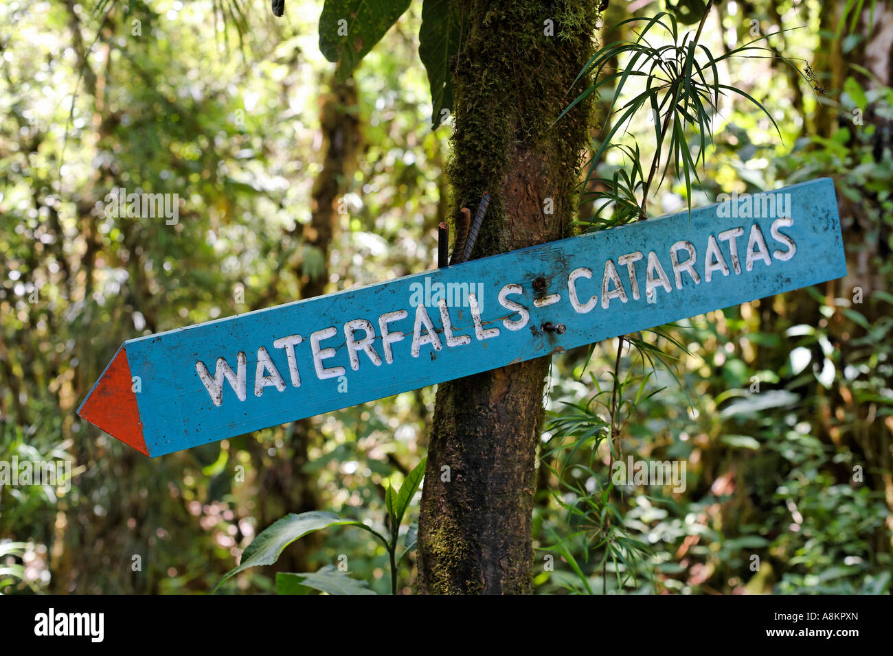 Signpost waterfalls cataratas, Savegre valley, Los Quetzales National ...