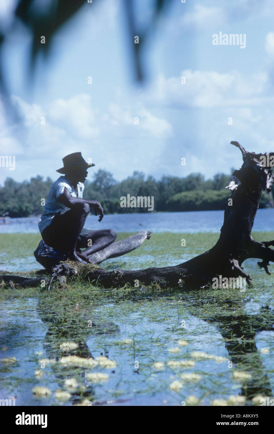 Aboriginal tracker by a billabong South Alligator river, Northern ...