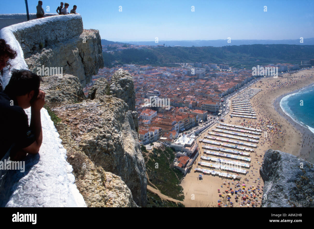 Beach at Nazare, Portugal from clifftop district of O Sitio Stock Photo ...