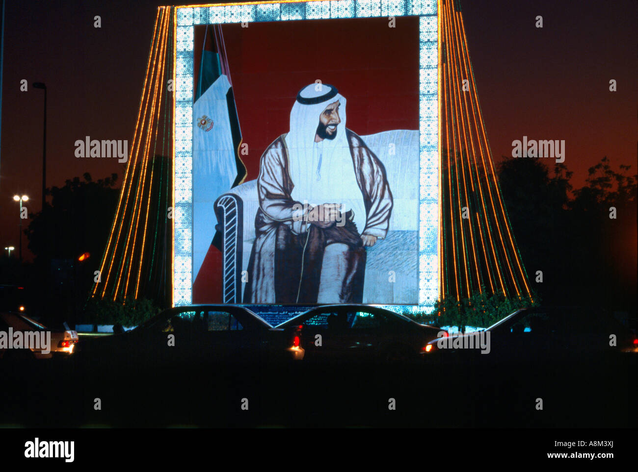Abu Dhabi UAE Traffic And Illuminated Portrait of Ruler Sheikh Zayed ...