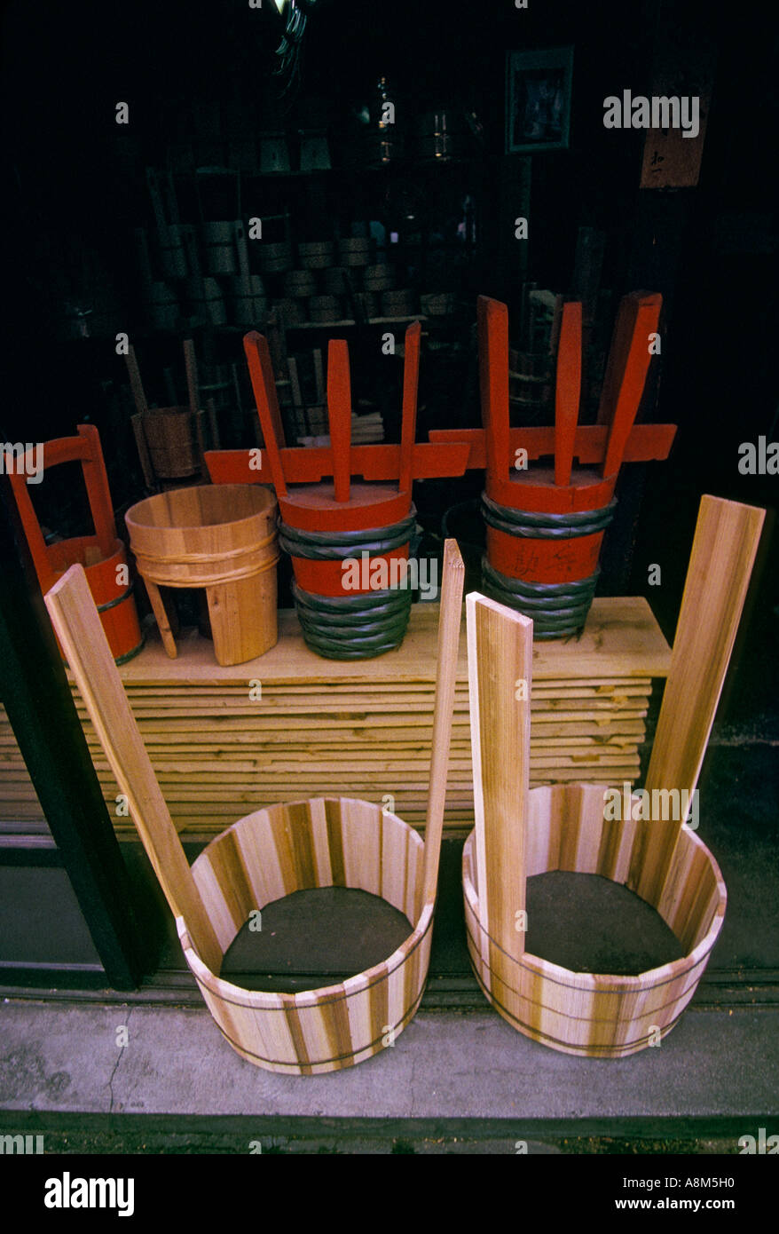 Traditional Japaese wooden bath bucket shop Nishijin District Kyoto ...