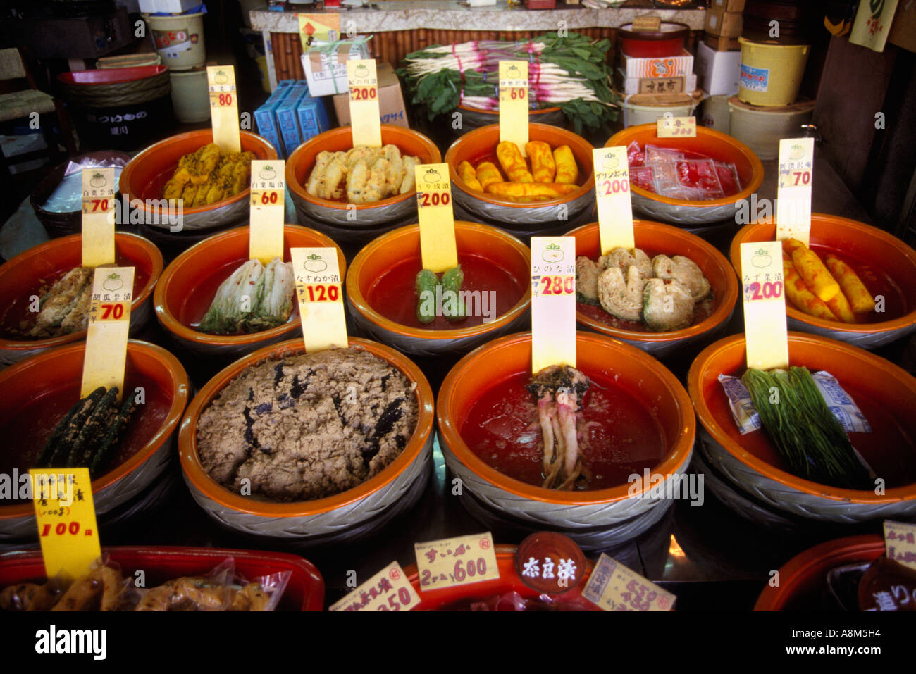 Pickle stall at market, , Kyoto, , Honshu Island, Japan, horizontal ...