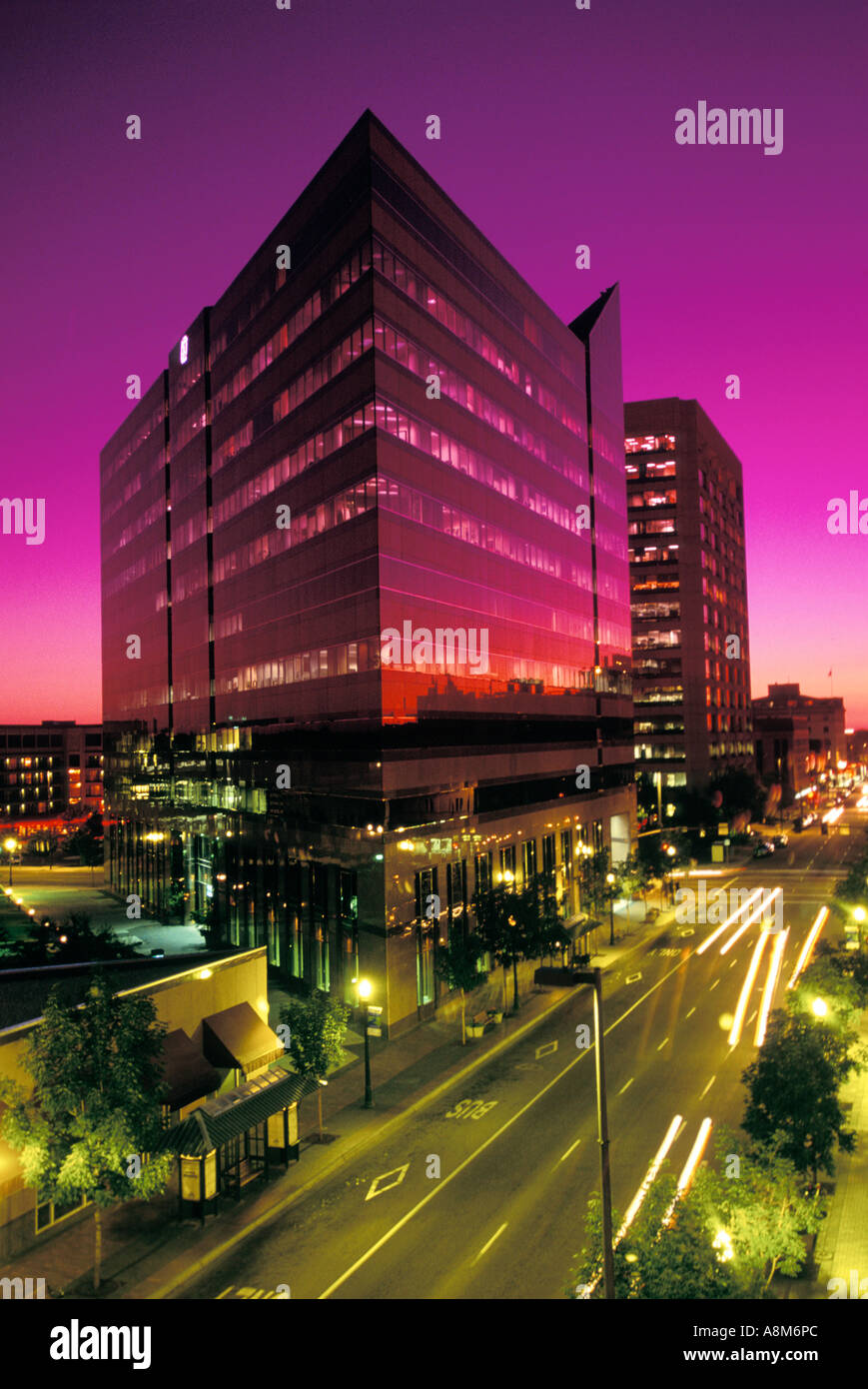 USA IDAHO BOISE Evening view of office buildings in downtown Boise ...