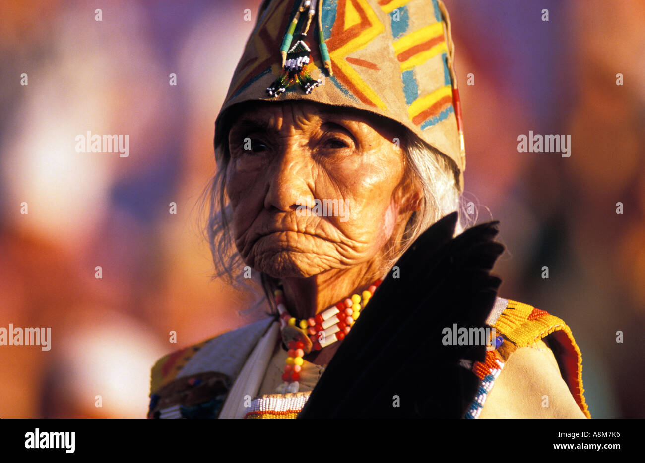 USA IDAHO NATIVE AMERICAN Elder Indian Woman in tradtional dress Ceour ...
