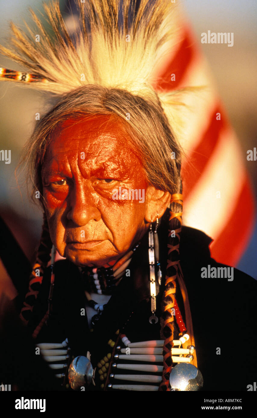 USA IDAHO NATIVE AMERICAN Portrait of Indian man in traditional dress ...