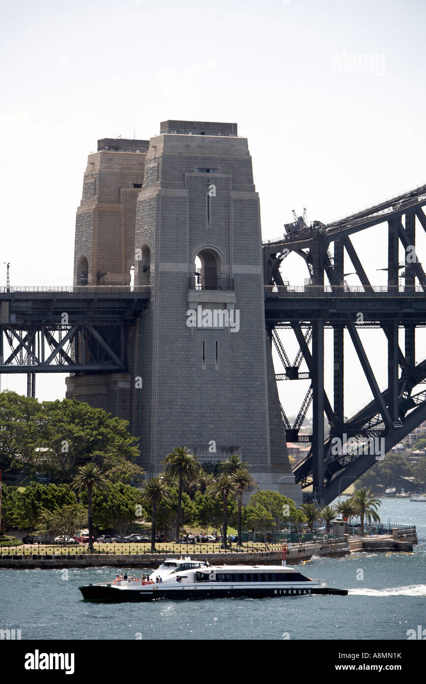River cat catamaran ship with Harbour Bridge in Sydney New South Wales ...