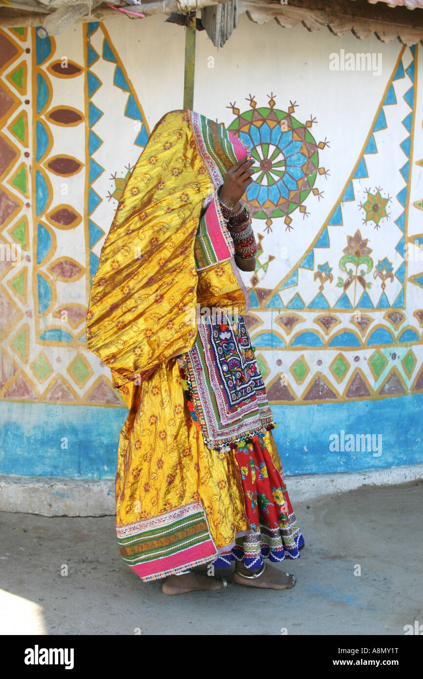 Vividly colorful traditional dress of a Tribal women in a Banni Village ...