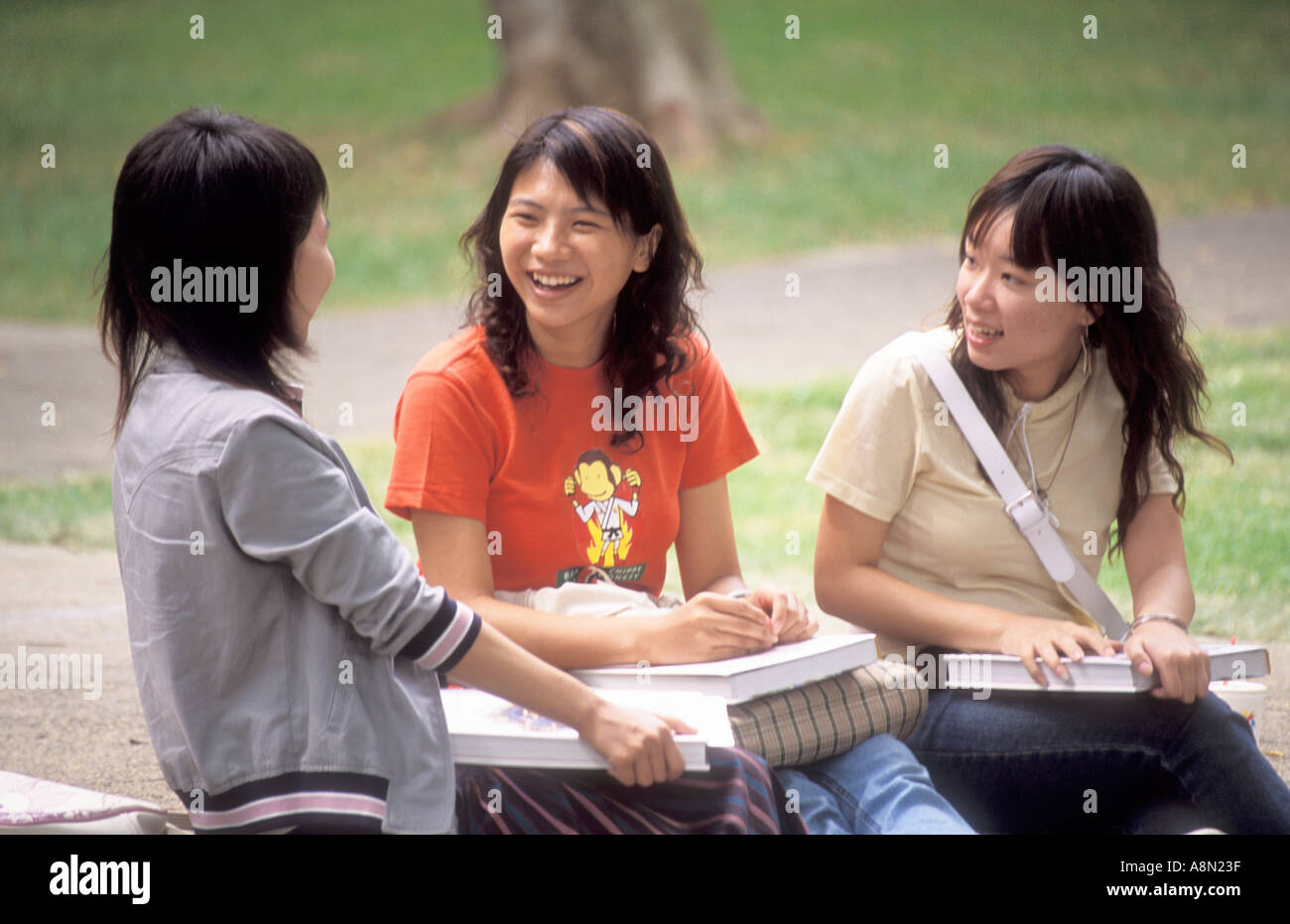 Asian Chinese university students on college campus sitting and talking ...