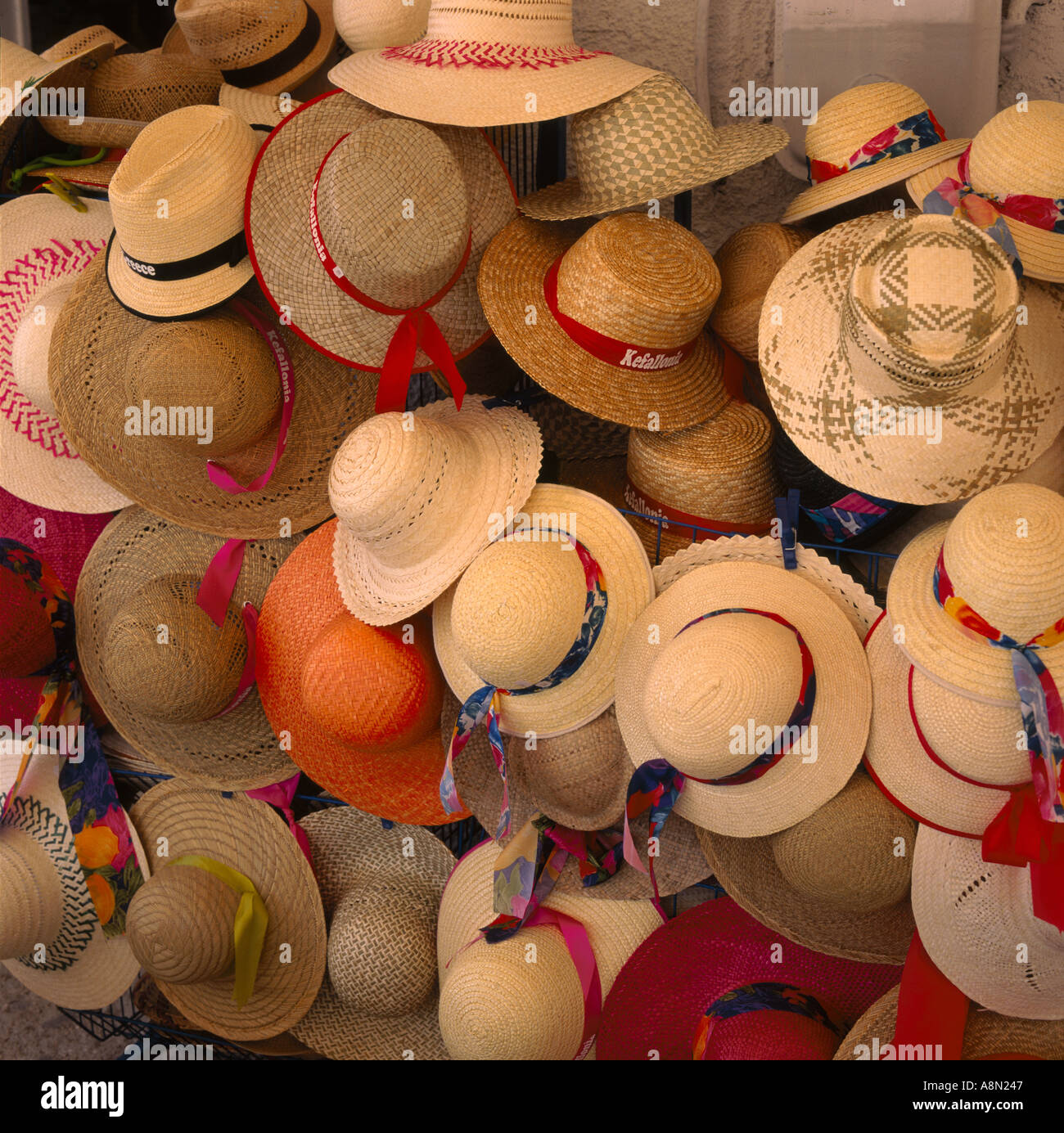 Straw sun hats displayed en masse outside local shop for sale in ...