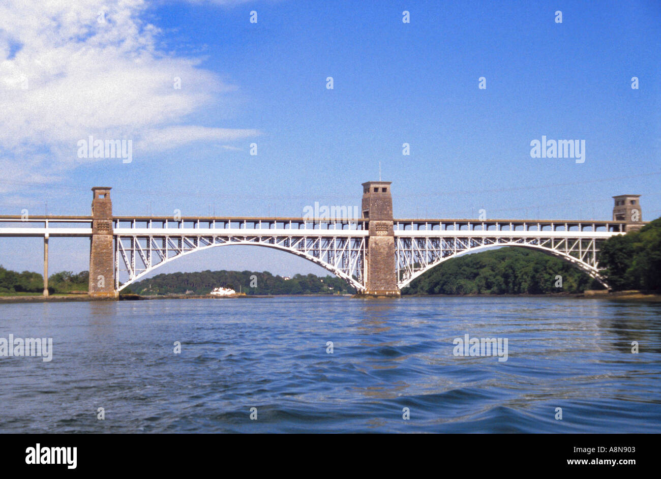 The Britannia Bridge spanning the Menai Strait between Anglesey and the ...