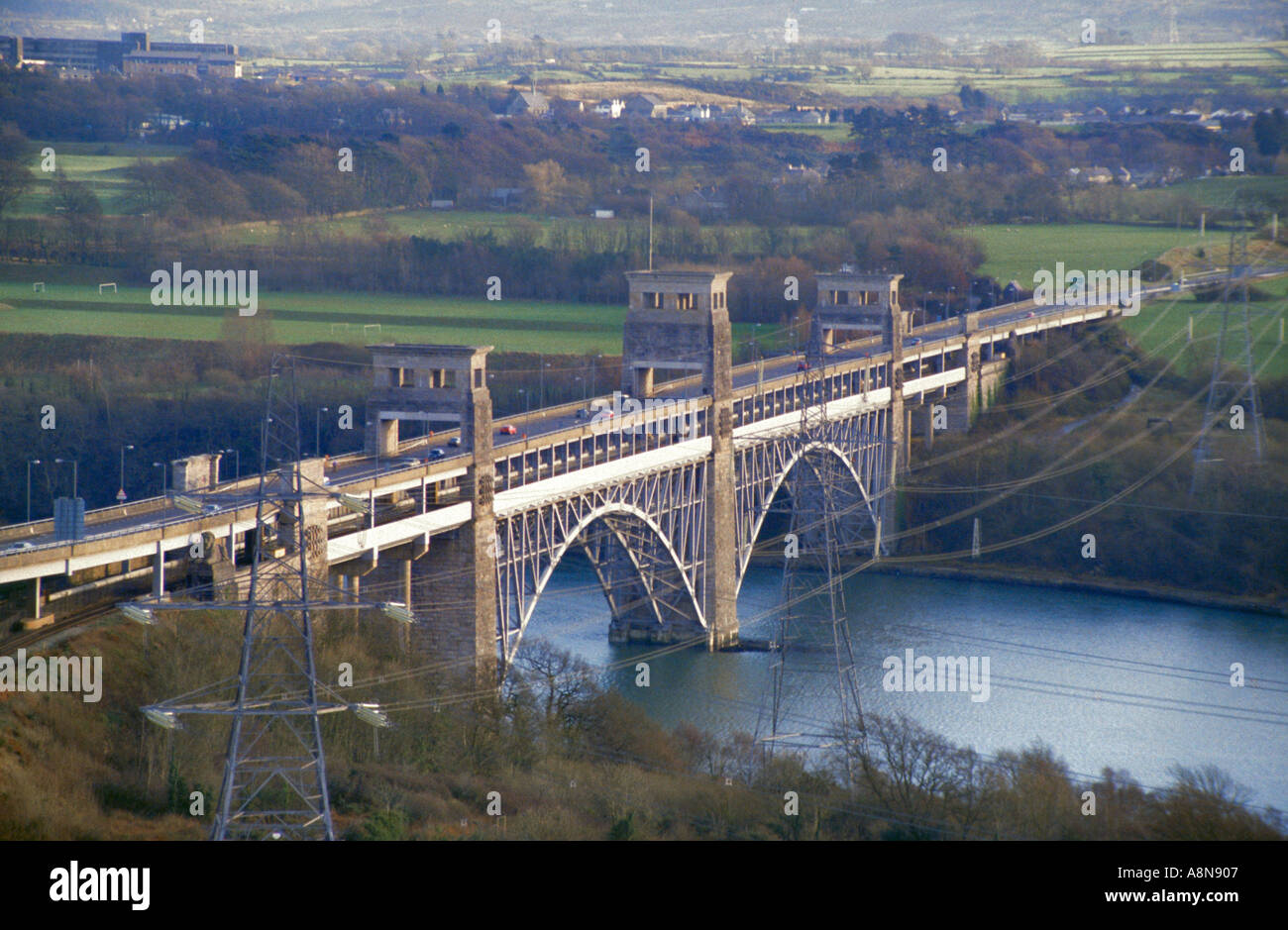 The Britannia Bridge spanning the Menai Strait between Anglesey and the ...
