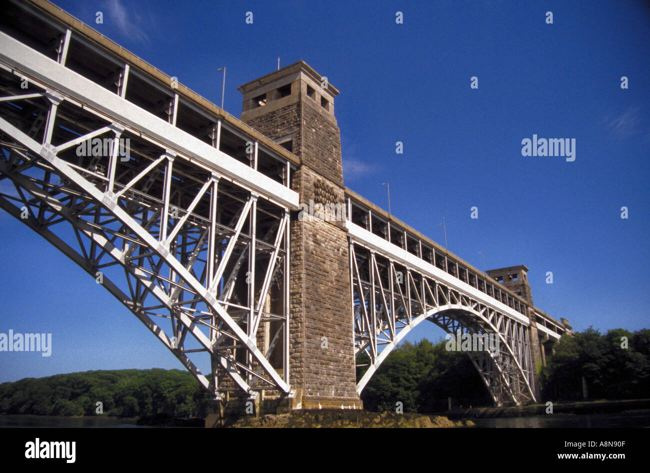 The Britannia Bridge spanning the Menai Strait between Anglesey and the ...