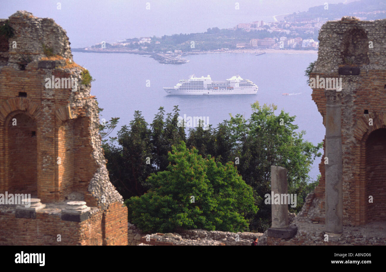 Taormina Theatre and Cruise Ship on Mediterranean Sea Sicily Italy ...