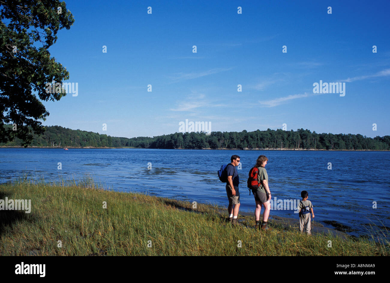 A family enjoys the coastal scenery of Great Bay at Adams Point a NH ...
