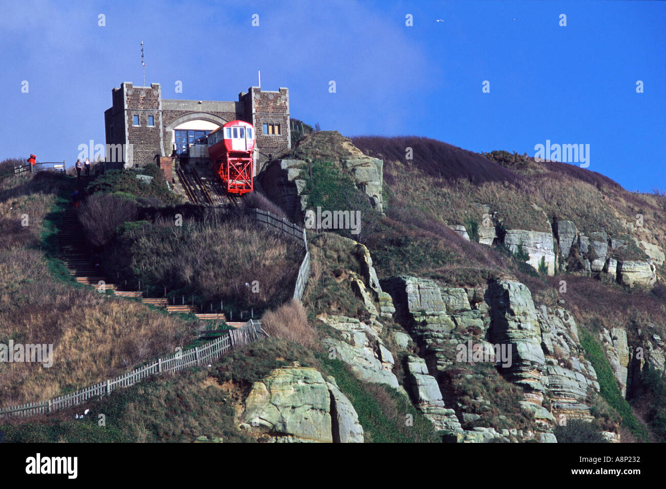 The funicular railway that runs from the old town in Hastings to the ...