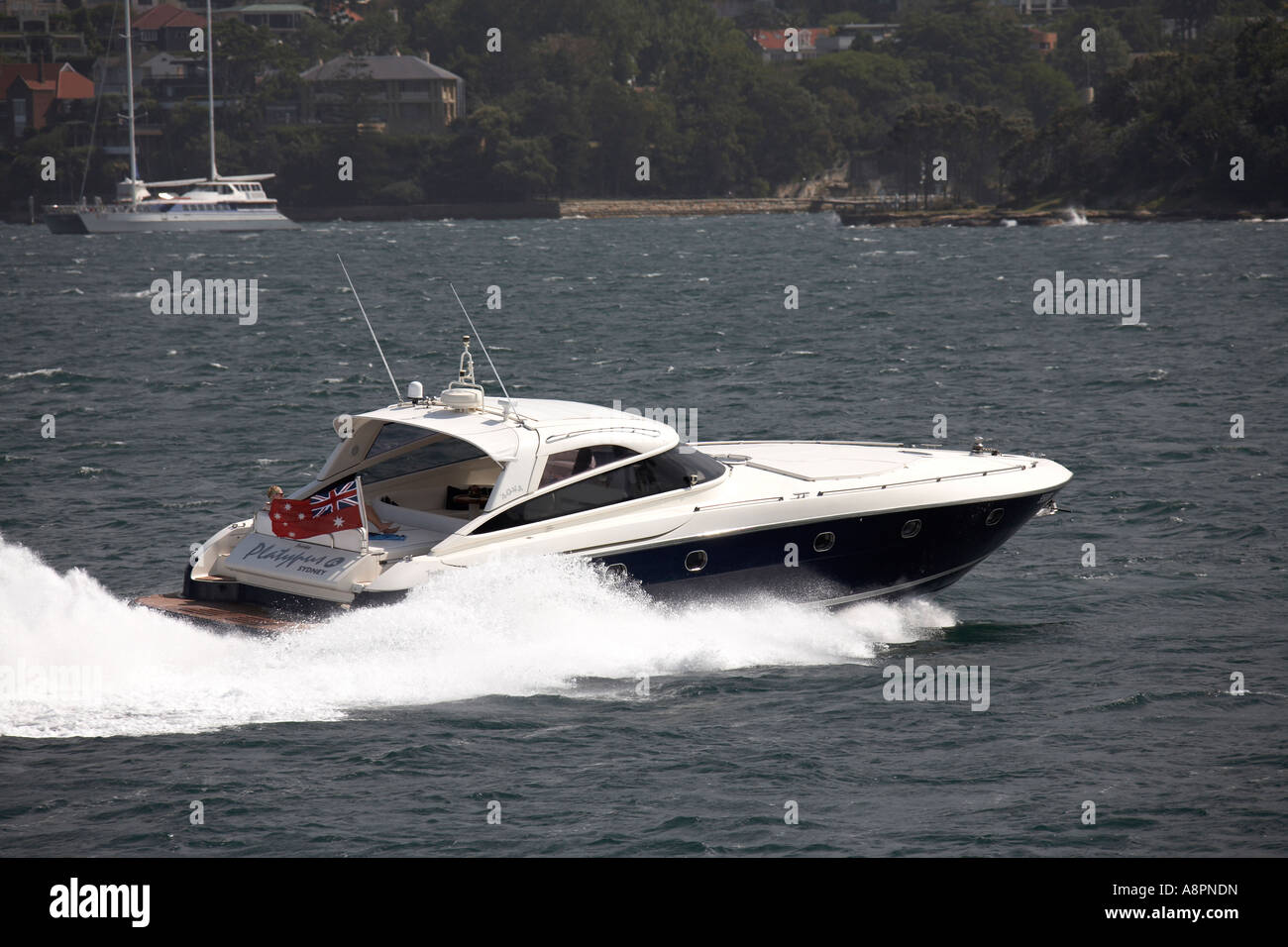 Bala Platypus motor cruiser speed boat yacht speeding on harbour water ...
