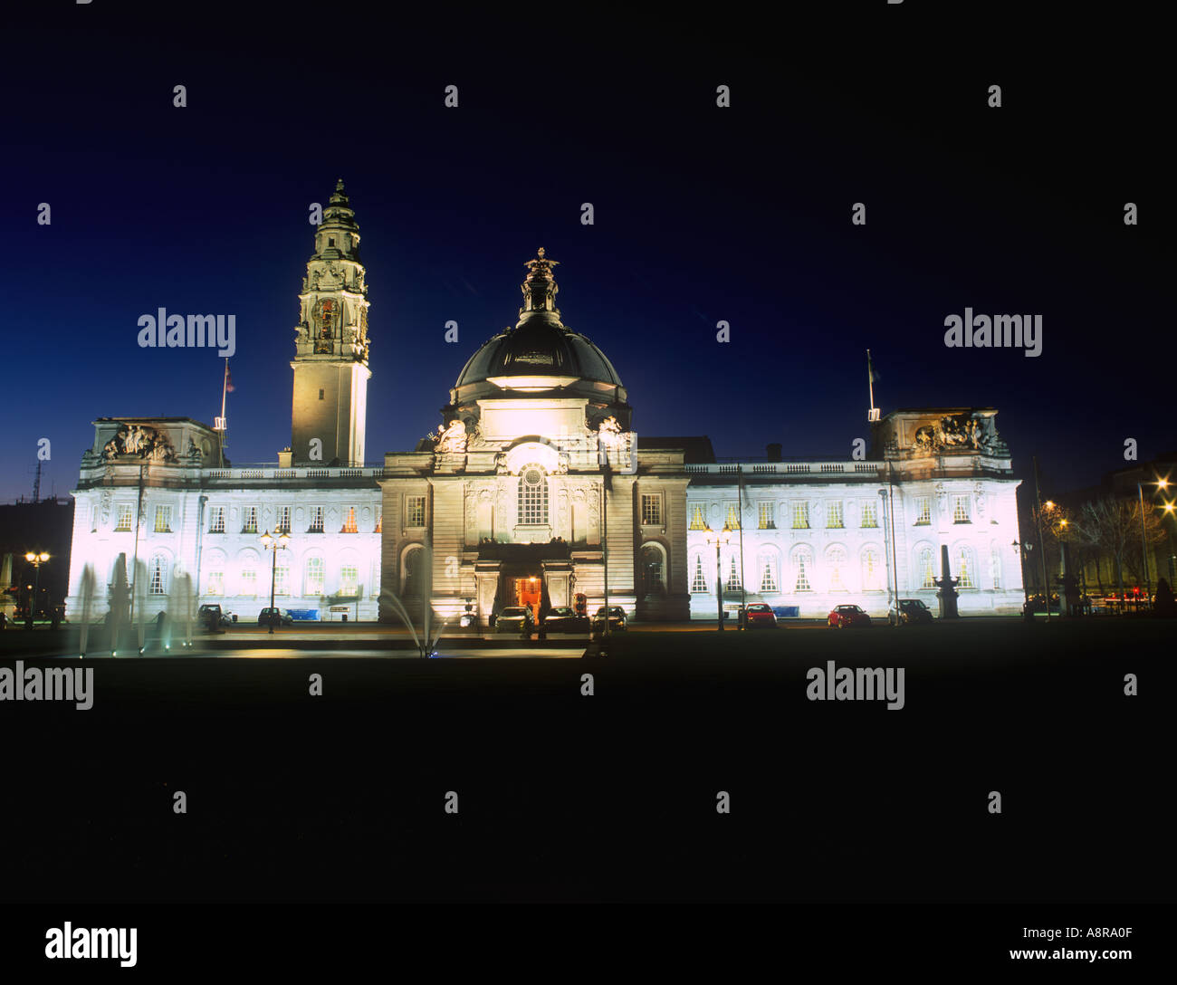 City Hall Illuminated Cardiff Civic Centre South Wales Stock Photo - Alamy