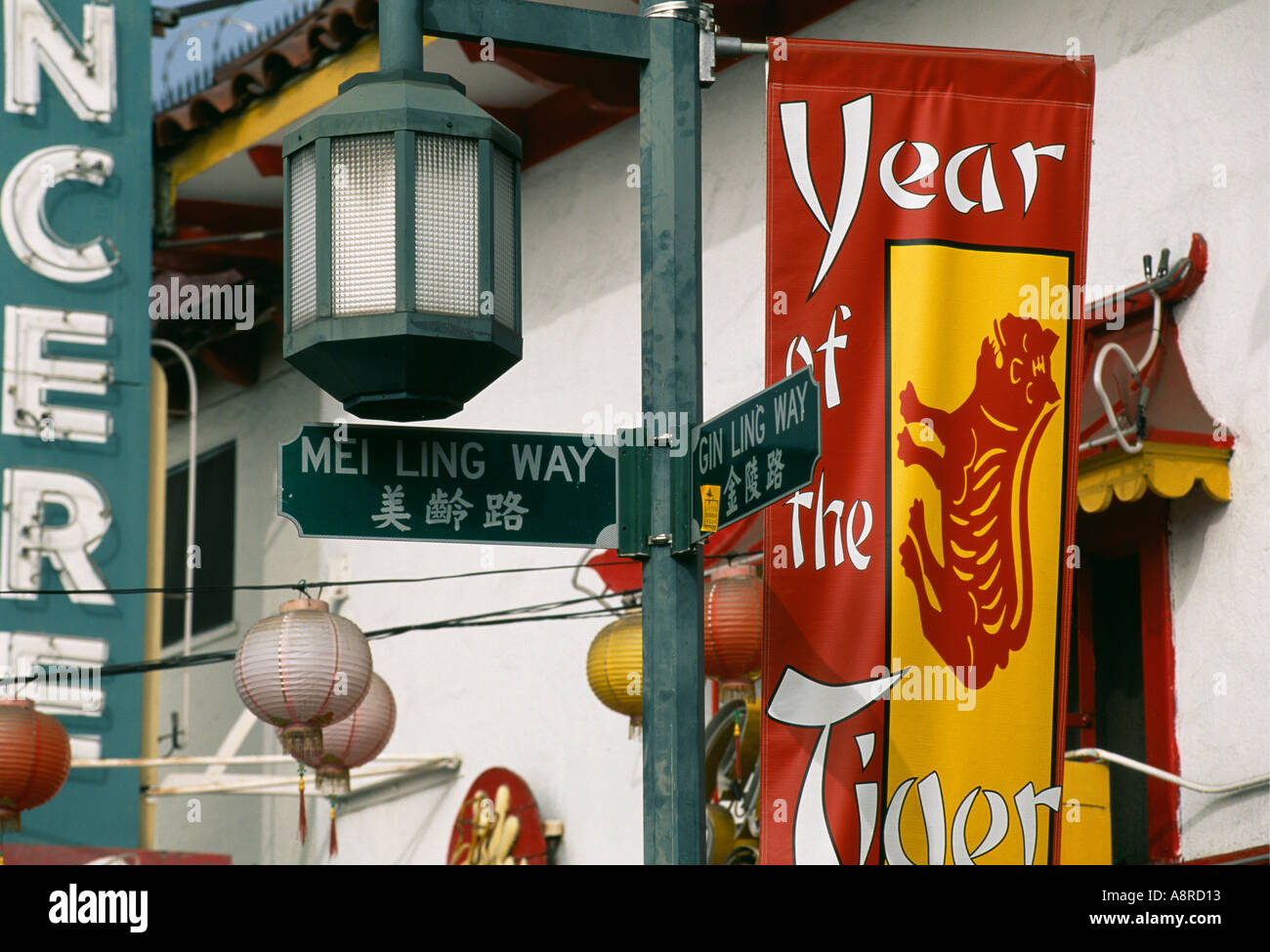 Colourful signs and banners at Chinatown in Los Angeles California USA ...