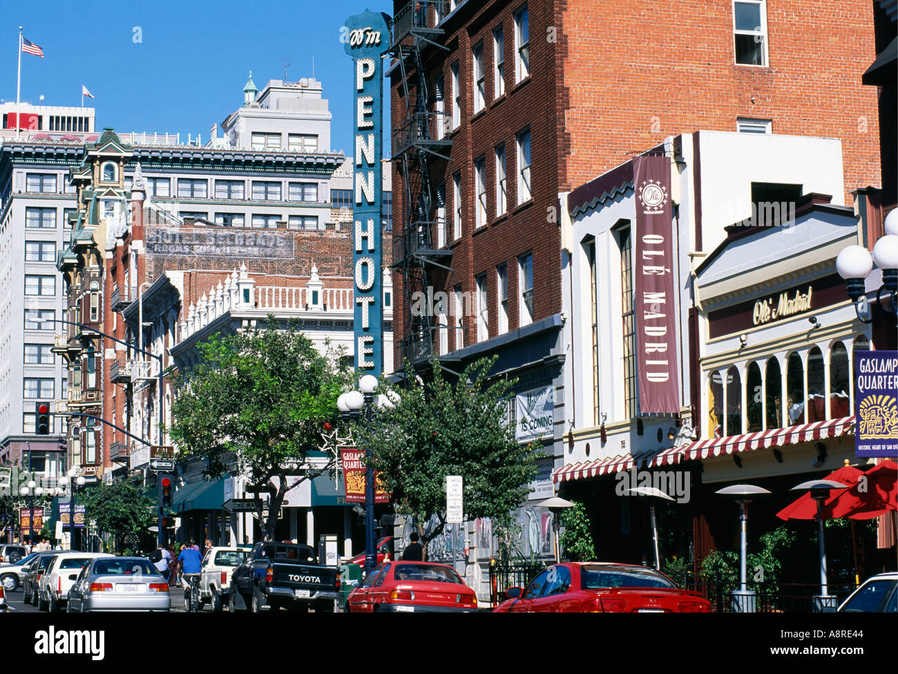 Busy street scene in San Diego Gas Lamp Quarter California USA Stock ...