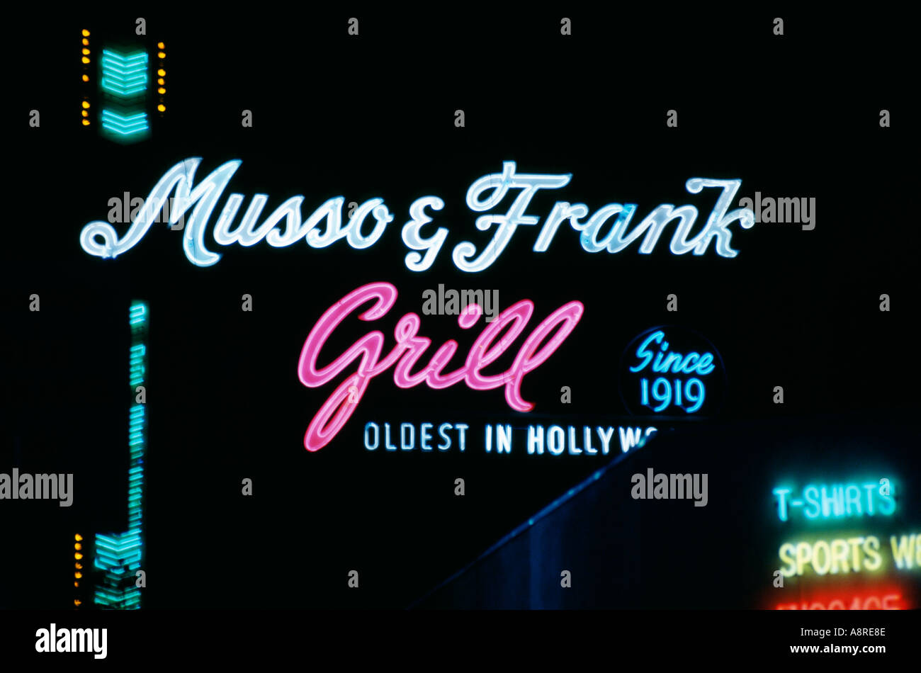 Neon lights of Musso Franks Grill restaurant lit up at night in ...