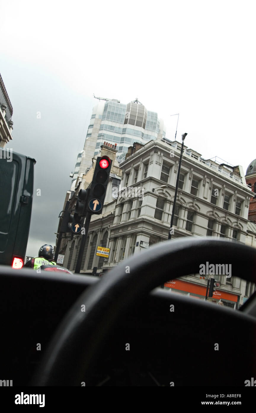 Car driver s view of central London streets with van and motorbike ...