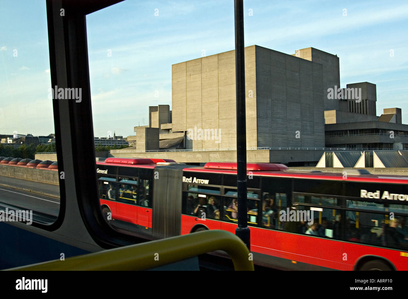London bus top floor window view of another bus and the National ...