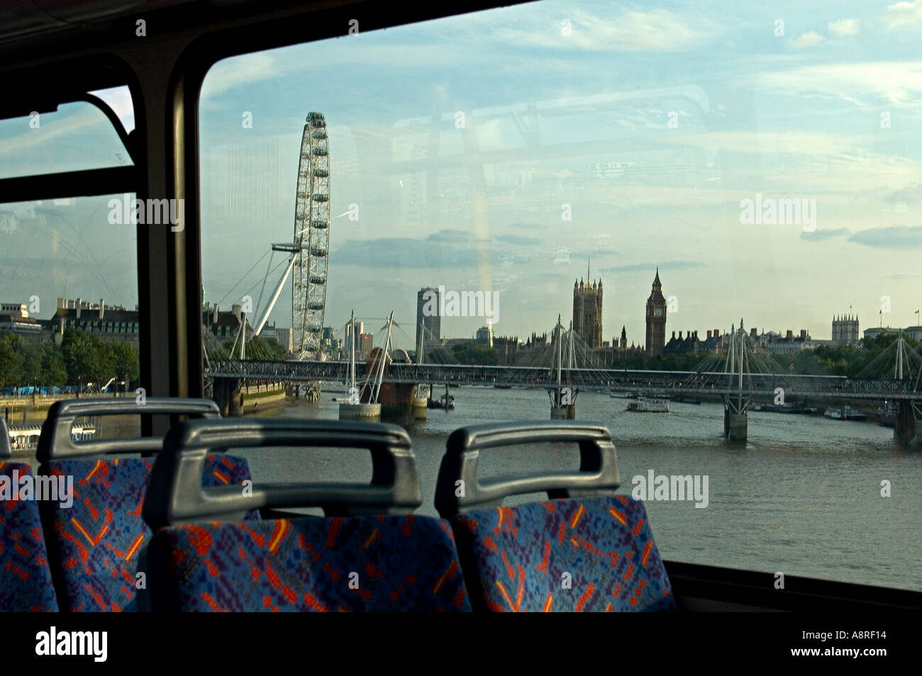 Top floor London bus window view of the River Thames the London Eye ...