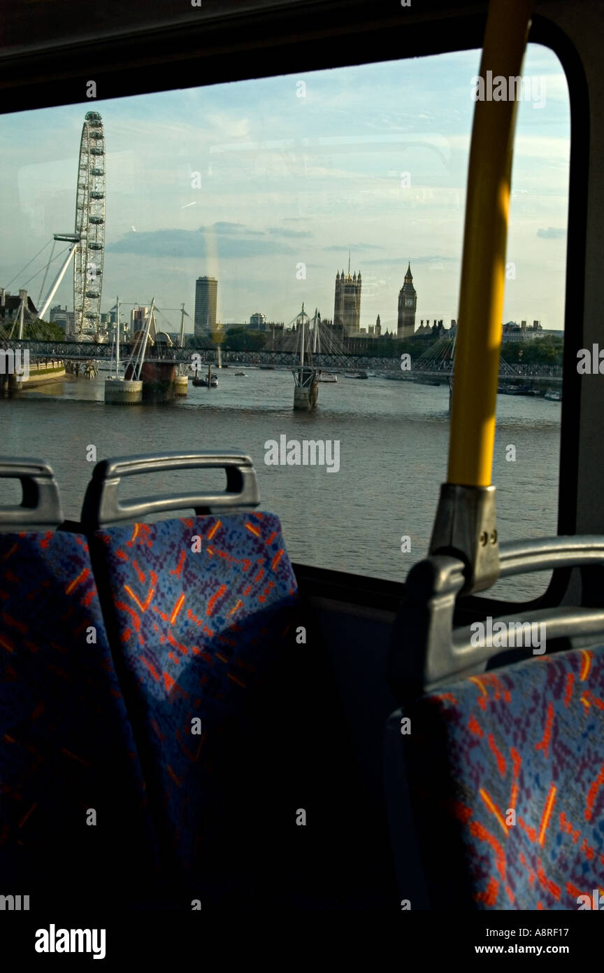 Top floor London bus window view of the River Thames the London Eye ...