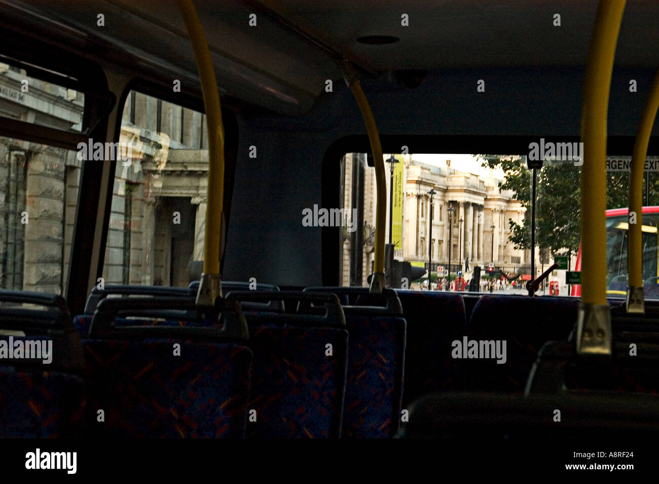 The National Gallery in Trafalgar Sq London seen from inside a bus ...