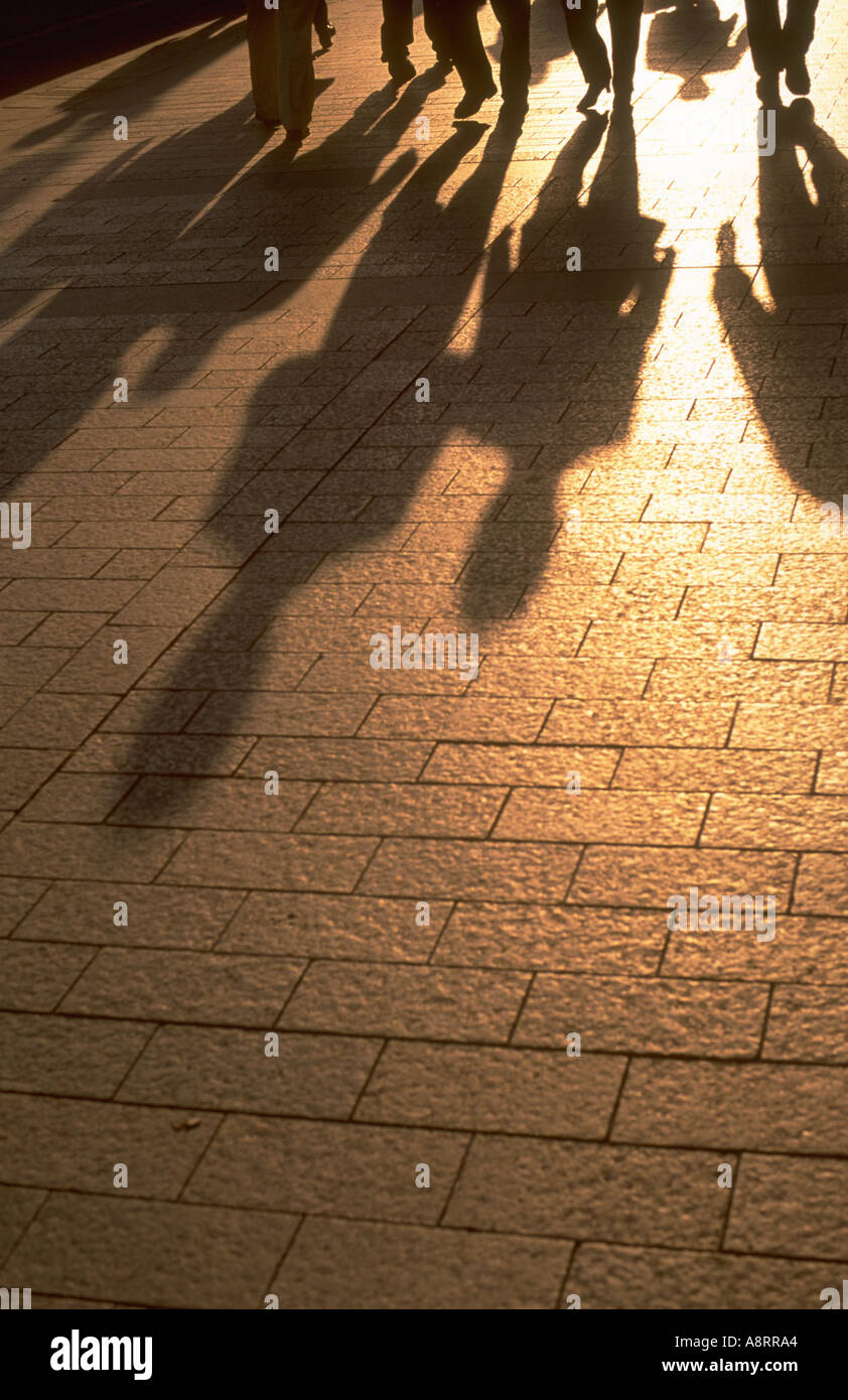 Long shadows cast by a group people walking on the sidewalk in the ...