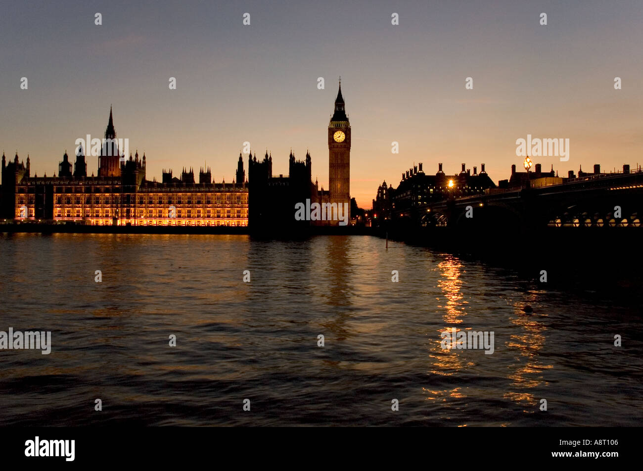 UK England London Houses of Parliament fringed by sunset and dusk Stock ...