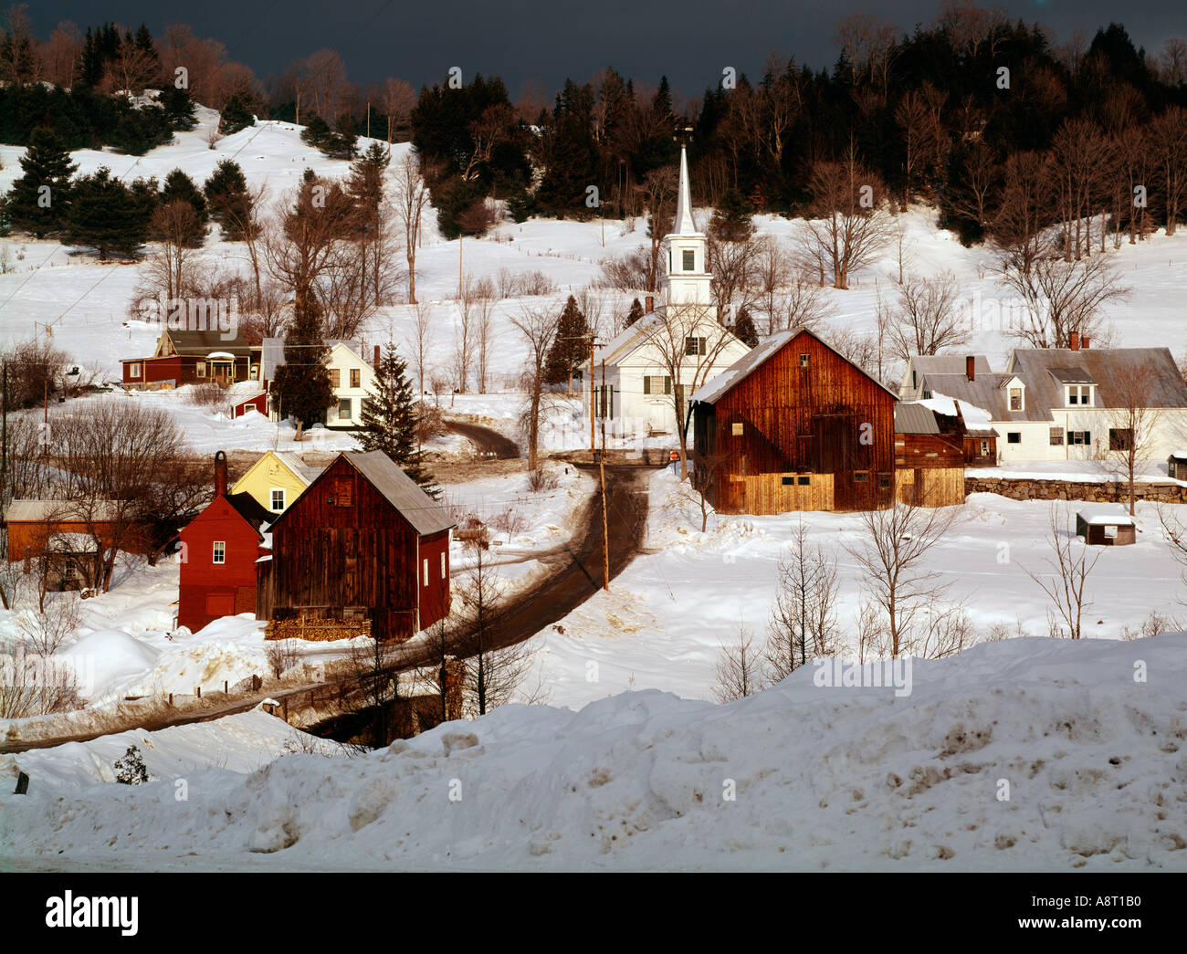 Tiny village of Waits River in Vermont with new snow covering the ...