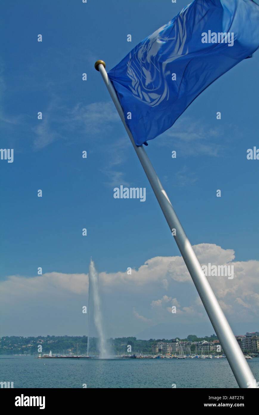 EU flag flying from a boat moored on Lake Geneva Lac Leman Genfersee ...