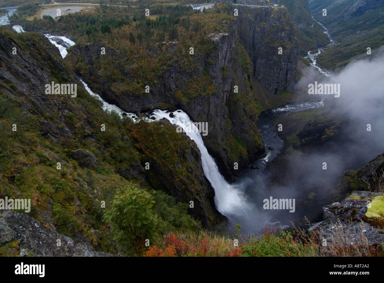 The beautiful waterfall Voringfossen seen from above at the end of ...