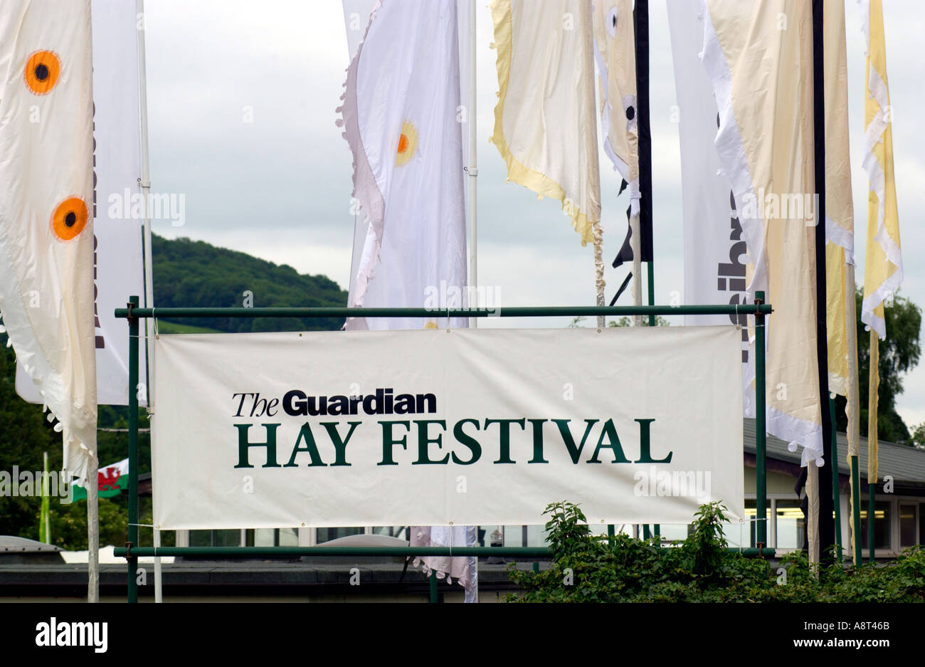 The Guardian newspaper advertising banner at entrance to Hay Festival ...