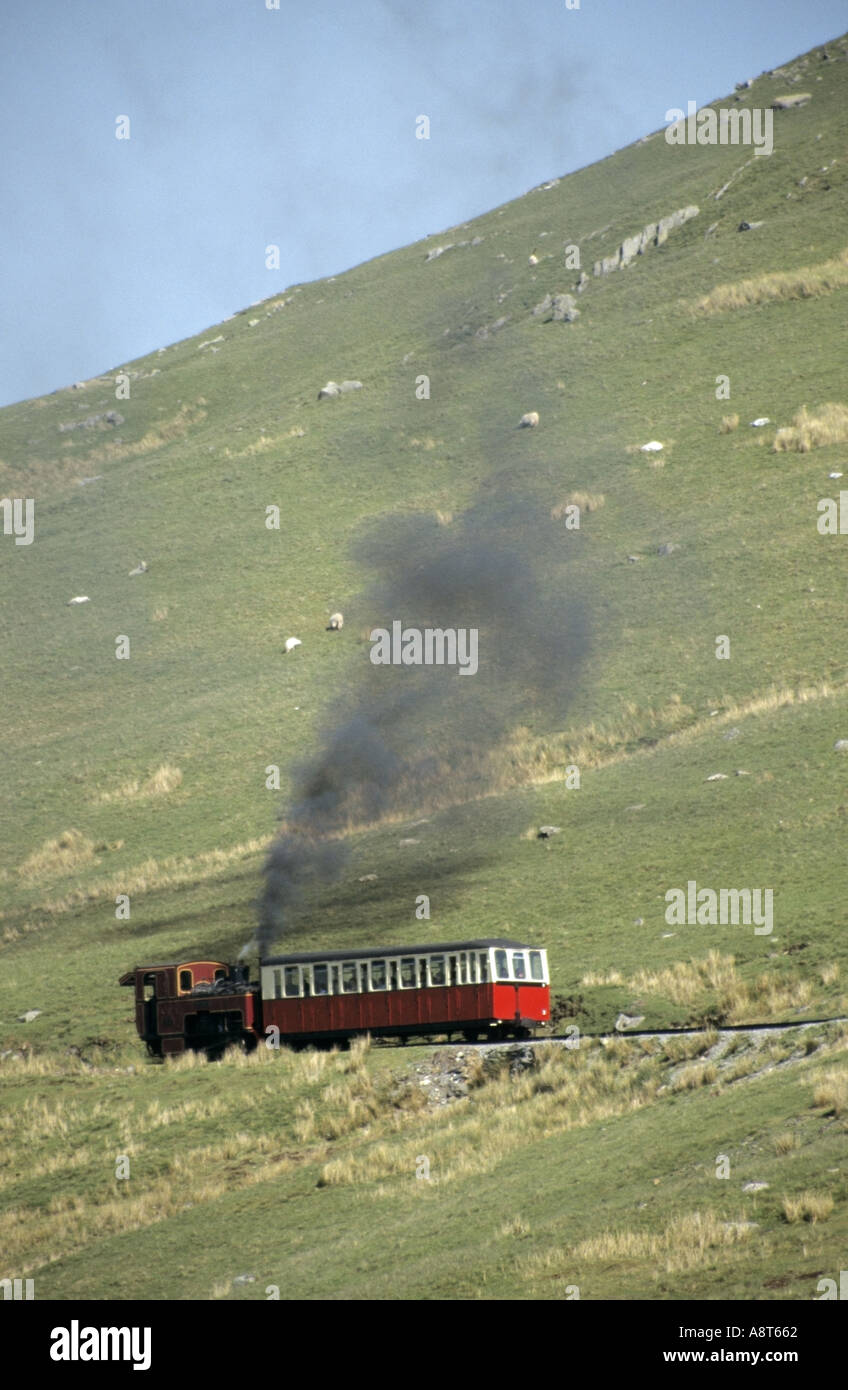 Near Llanberis Snowdon mountain railway steam train on sloping track on ...