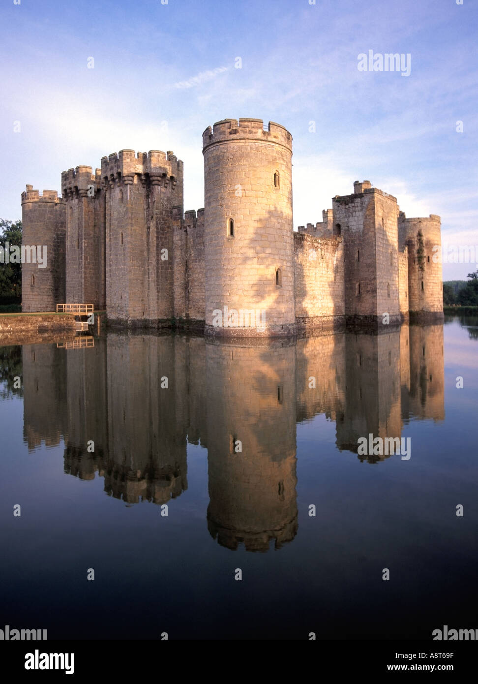 Medieval historical Bodium moated English castle & reflection in still ...