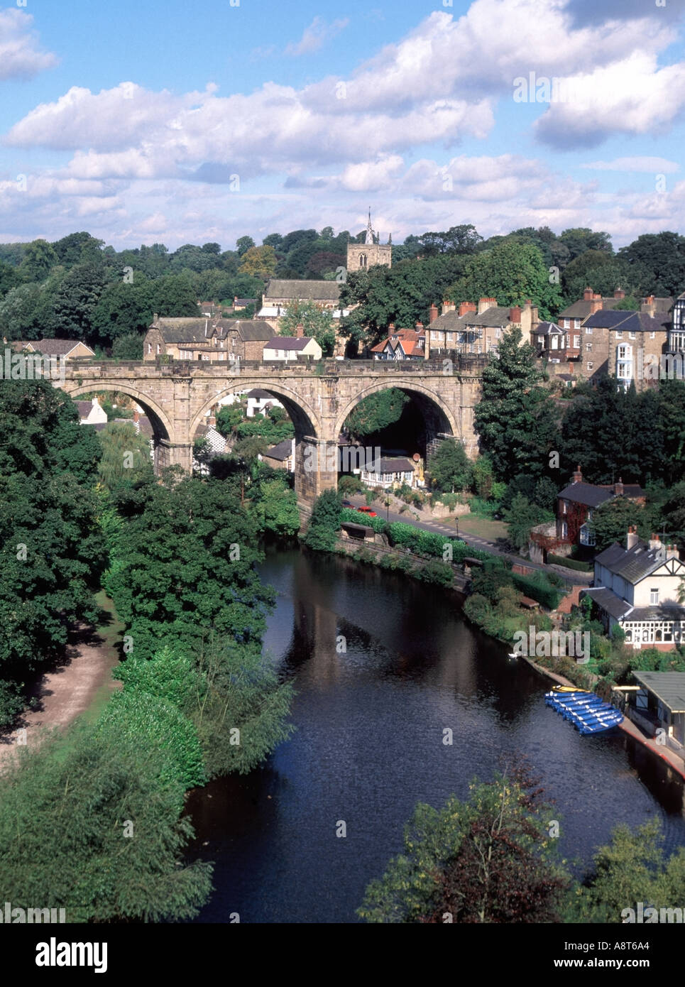 Knaresborough view overlooking River Nidd and railway bridge Stock ...