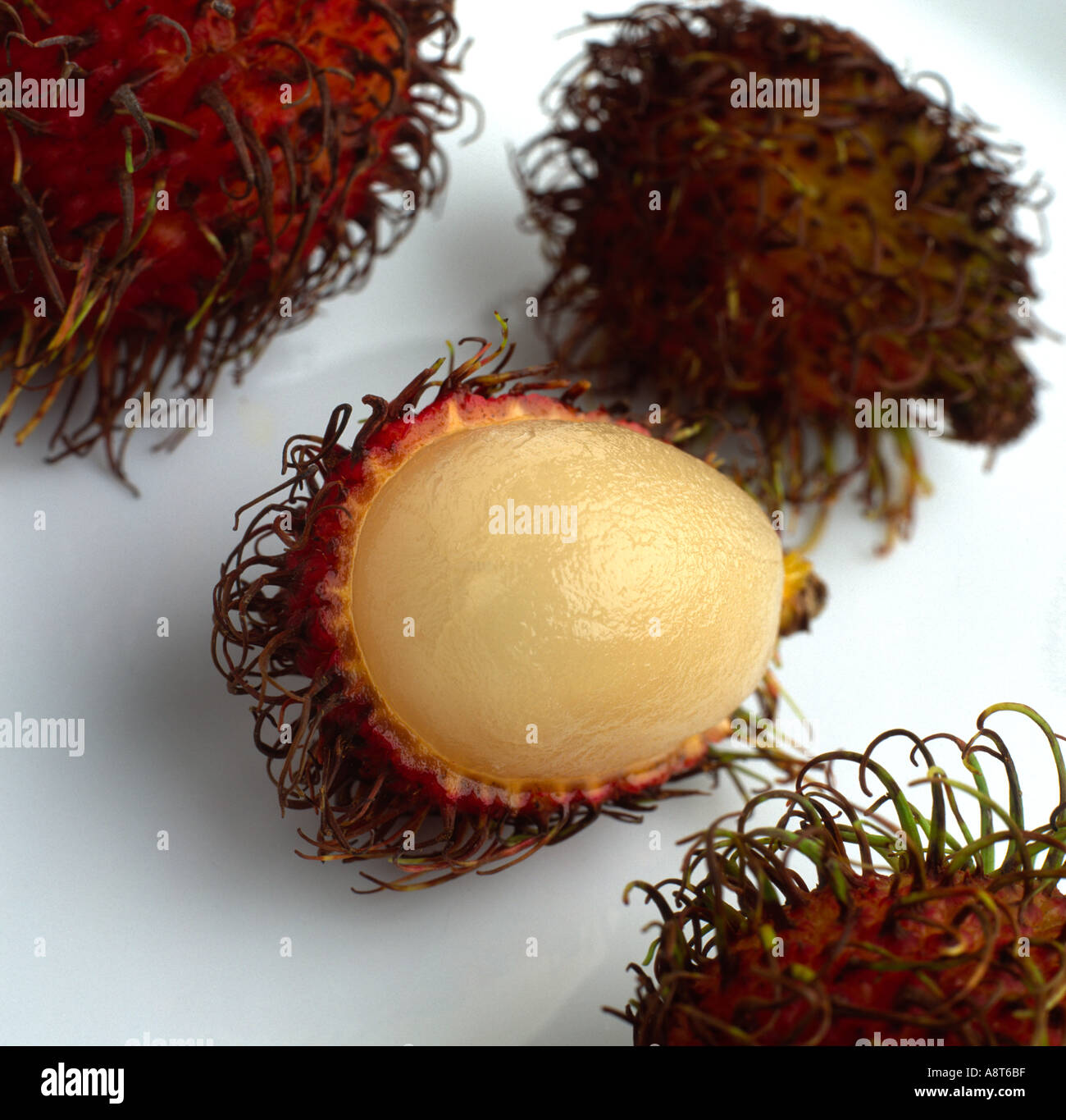 Rambutan cut open showing flesh on a white background Stock Photo - Alamy