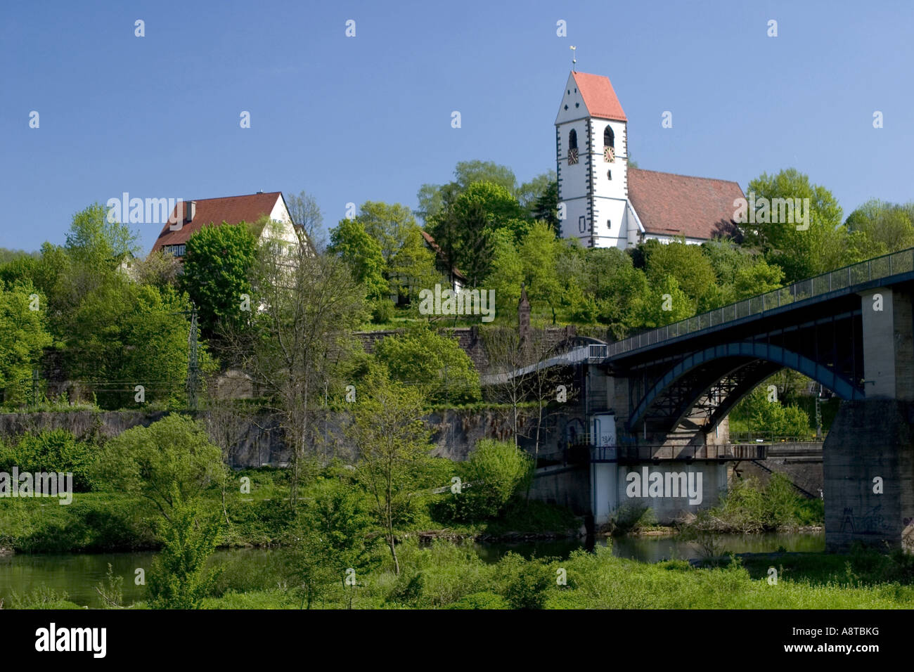 church and bridge of Plochingen, Germany, Baden-Wuerttemberg ...