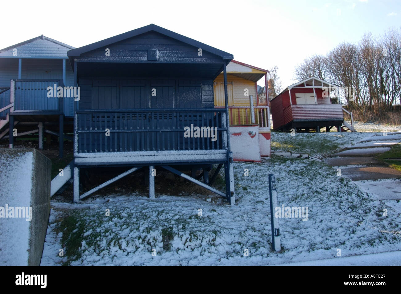 Beach huts in the snow at Tankerton Whitstable Kent Stock Photo - Alamy