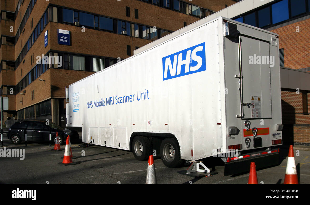 Mobile MRI Scanner unit parked at Queens Medical Centre in Nottingham ...