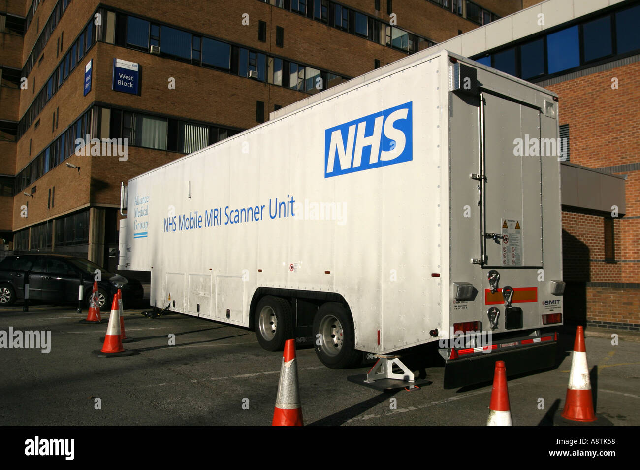 Mobile MRI Scanner unit parked at Queens Medical Centre in Nottingham ...